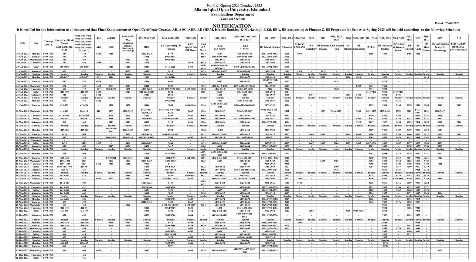 Here's the date sheet for AIOU's spring 2023 final examinations - HUM News